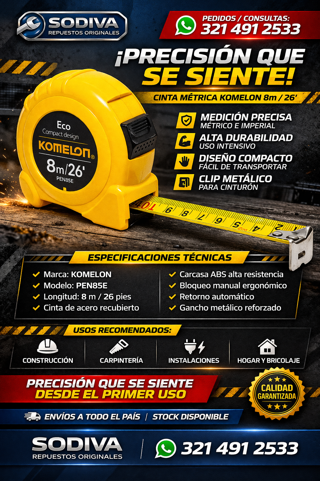 Flexómetro retráctil ABS 8m KOMELON PEN85E - Sodiva